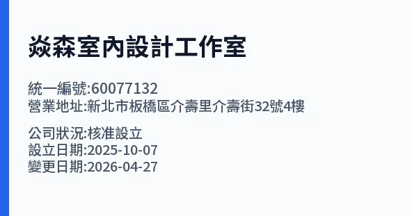 焱森室內設計工作室的照片-統編 60077132(新北市) 公司登記資料與營業項目詳細圖表