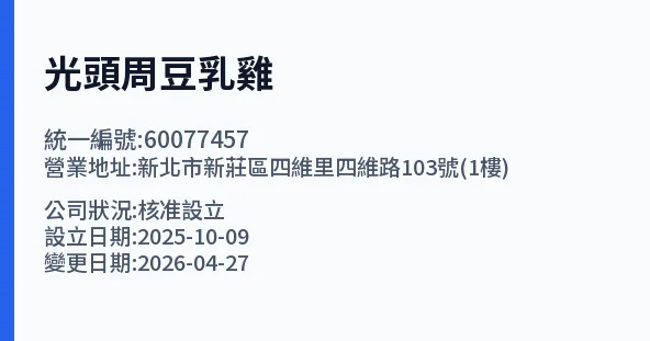 光頭周豆乳雞的照片-統編 60077457(新北市) 公司登記資料與營業項目詳細圖表