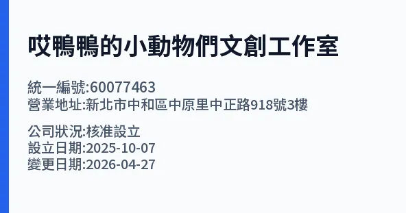 哎鴨鴨的小動物們文創工作室的照片-統編 60077463(新北市) 公司登記資料與營業項目詳細圖表