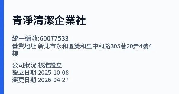 青淨清潔企業社的照片-統編 60077533(新北市) 公司登記資料與營業項目詳細圖表