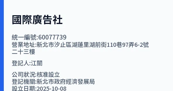 國際廣告社的照片-統編 60077739(新北市) 公司登記資料與營業項目詳細圖表