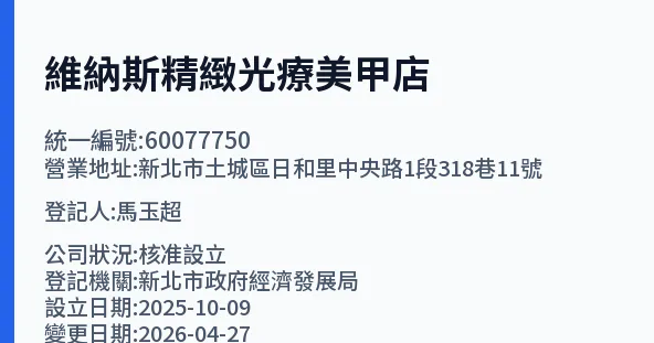 維納斯精緻光療美甲店的照片-統編 60077750(新北市) 公司登記資料與營業項目詳細圖表