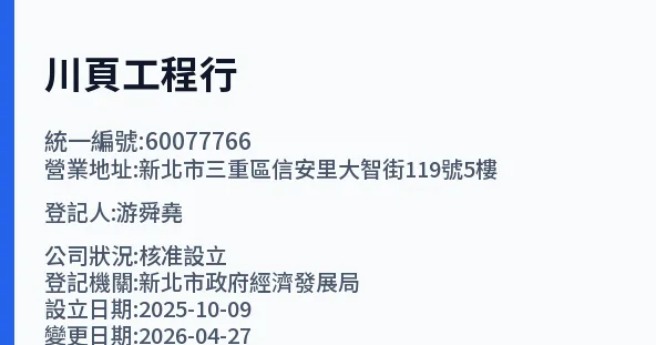 川頁工程行的照片-統編 60077766(新北市) 公司登記資料與營業項目詳細圖表