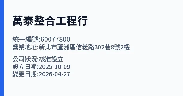 萬泰整合工程行的照片-統編 60077800(新北市) 公司登記資料與營業項目詳細圖表