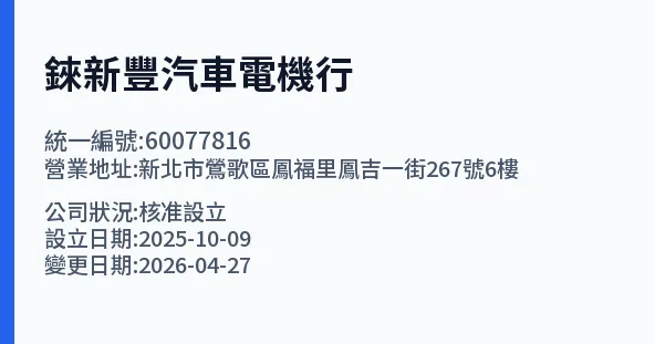 錸新豐汽車電機行的照片-統編 60077816(新北市) 公司登記資料與營業項目詳細圖表