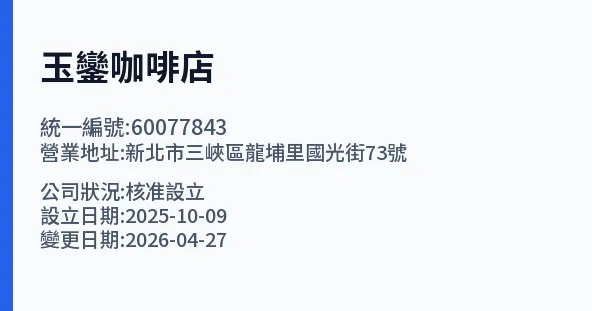玉鑾咖啡店的照片-統編 60077843(新北市) 公司登記資料與營業項目詳細圖表
