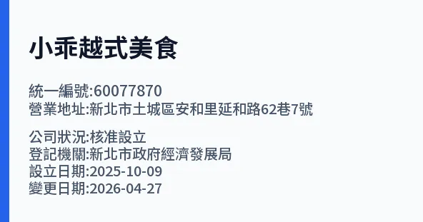 小乖越式美食的照片-統編 60077870(新北市) 公司登記資料與營業項目詳細圖表