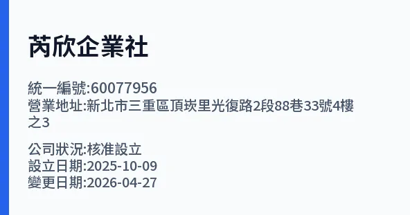 芮欣企業社的照片-統編 60077956(新北市) 公司登記資料與營業項目詳細圖表