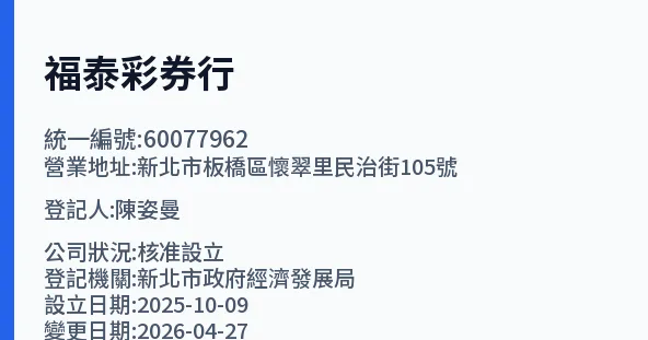 福泰彩券行的照片-統編 60077962(新北市) 公司登記資料與營業項目詳細圖表