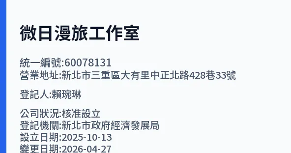 微日漫旅工作室的照片-統編 60078131(新北市) 公司登記資料與營業項目詳細圖表