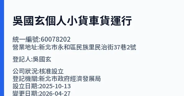吳國玄個人小貨車貨運行的照片-統編 60078202(新北市) 公司登記資料與營業項目詳細圖表