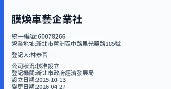 膜煥車藝企業社的照片-統編 60078266(新北市) 公司登記資料與營業項目詳細圖表