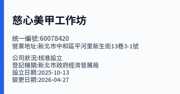 慈心美甲工作坊的照片-統編 60078420(新北市) 公司登記資料與營業項目詳細圖表