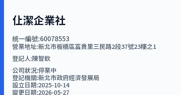 仩潔企業社的照片-統編 60078553(新北市) 公司登記資料與營業項目詳細圖表