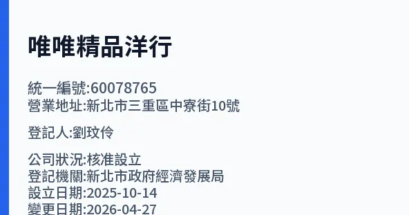 唯唯精品洋行的照片-統編 60078765(新北市) 公司登記資料與營業項目詳細圖表