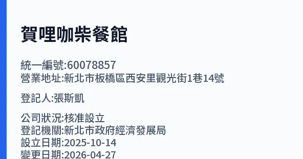 賀哩咖柴餐館的照片-統編 60078857(新北市) 公司登記資料與營業項目詳細圖表