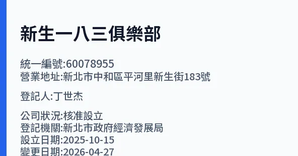 新生一八三俱樂部的照片-統編 60078955(新北市) 公司登記資料與營業項目詳細圖表