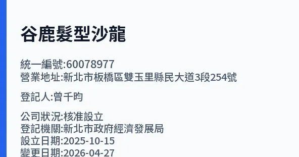 谷鹿髮型沙龍的照片-統編 60078977(新北市) 公司登記資料與營業項目詳細圖表