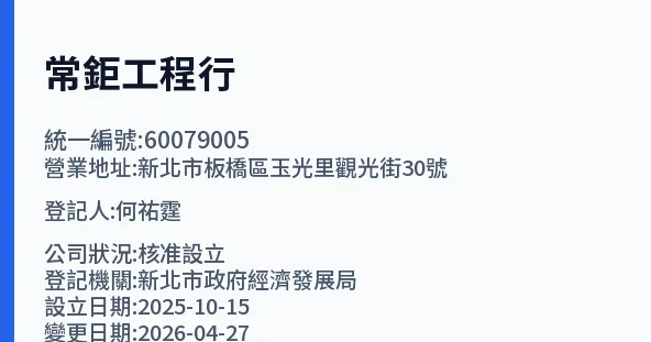 常鉅工程行的照片-統編 60079005(新北市) 公司登記資料與營業項目詳細圖表