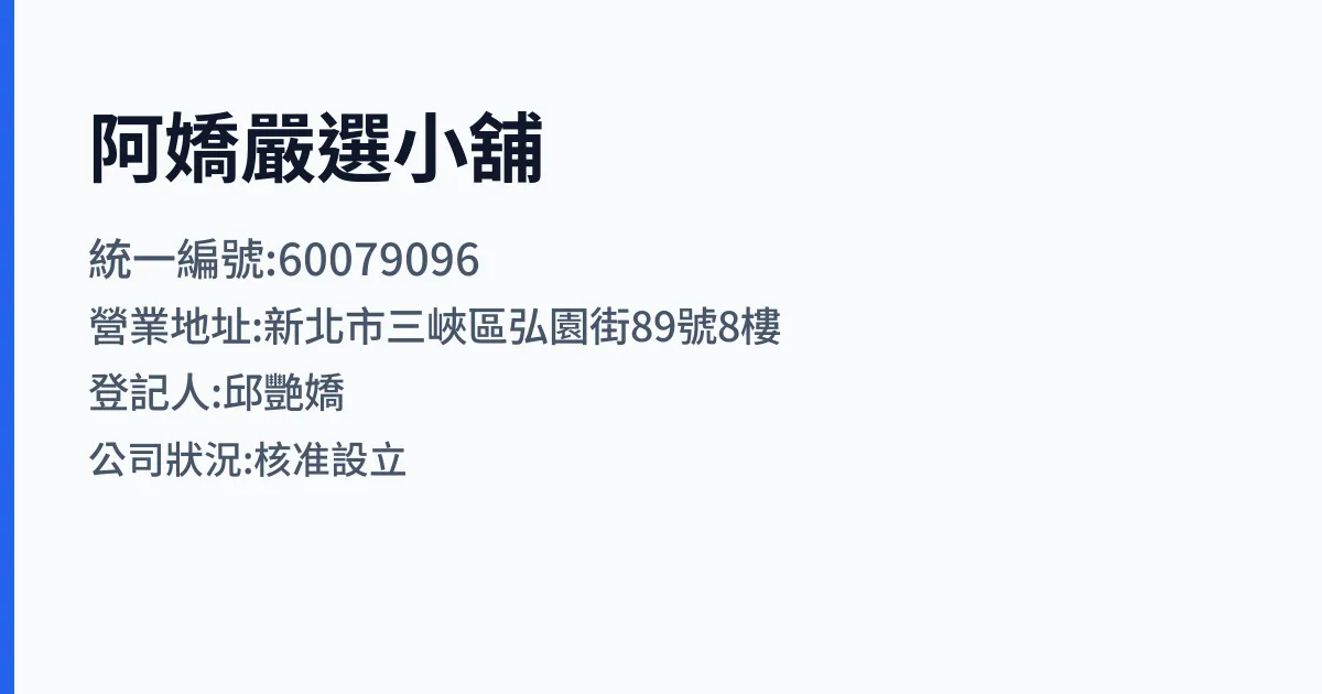 阿嬌嚴選小舖 - 統編 60079096（新北市） 公司登記資料與營業項目詳細圖表