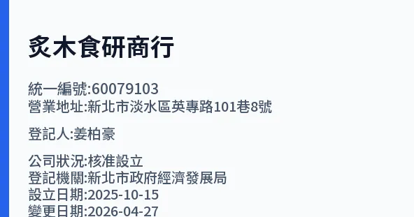 炙木食研商行的照片-統編 60079103(新北市) 公司登記資料與營業項目詳細圖表