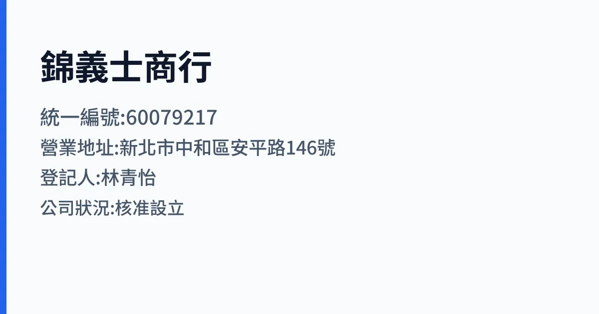 錦義士商行 - 統編 60079217(新北市) 公司登記資料與營業項目詳細圖表