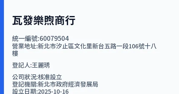 瓦發樂煦商行的照片-統編 60079504(新北市) 公司登記資料與營業項目詳細圖表