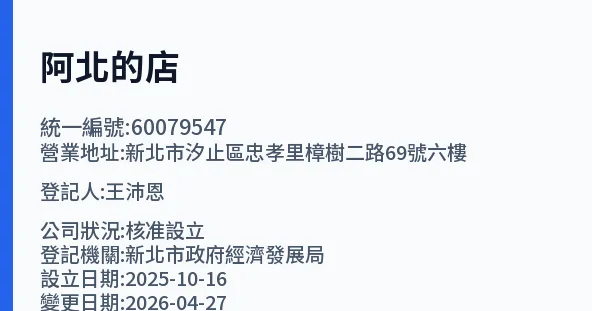 阿北的店的照片-統編 60079547(新北市) 公司登記資料與營業項目詳細圖表