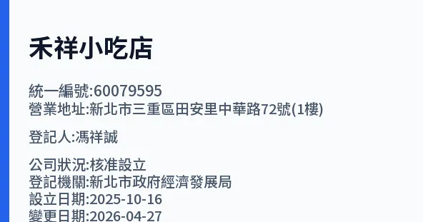 禾祥小吃店的照片-統編 60079595(新北市) 公司登記資料與營業項目詳細圖表