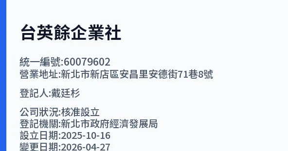 台英餘企業社的照片-統編 60079602(新北市) 公司登記資料與營業項目詳細圖表