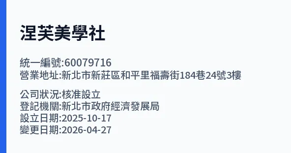 涅芙美學社的照片-統編 60079716(新北市) 公司登記資料與營業項目詳細圖表