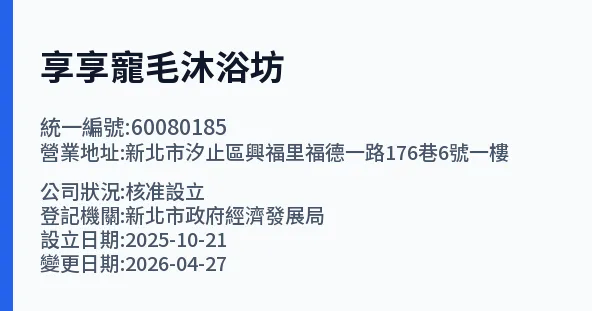 享享寵毛沐浴坊的照片-統編 60080185(新北市) 公司登記資料與營業項目詳細圖表