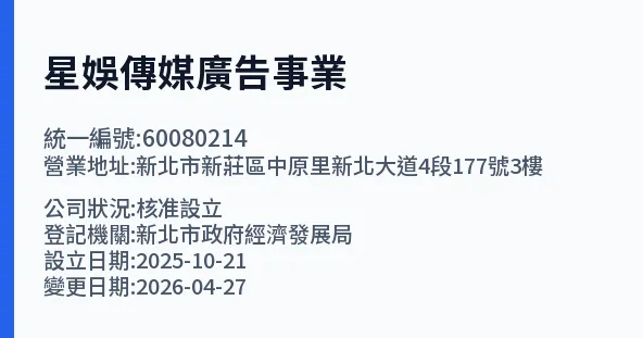 星娛傳媒廣告事業的照片-統編 60080214(新北市) 公司登記資料與營業項目詳細圖表