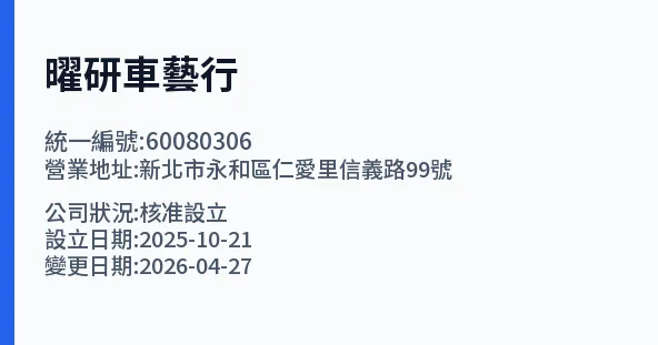曜研車藝行的照片-統編 60080306(新北市) 公司登記資料與營業項目詳細圖表