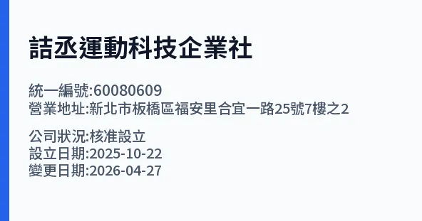 詰丞運動科技企業社的照片-統編 60080609(新北市) 公司登記資料與營業項目詳細圖表