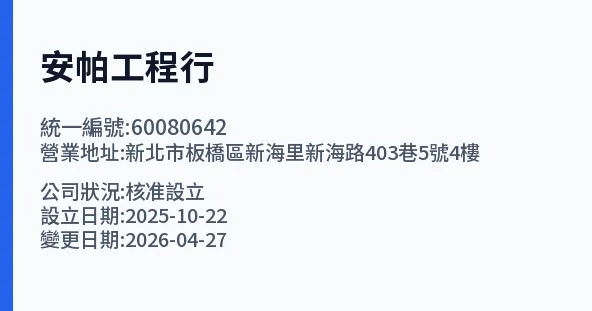 安帕工程行的照片-統編 60080642(新北市) 公司登記資料與營業項目詳細圖表