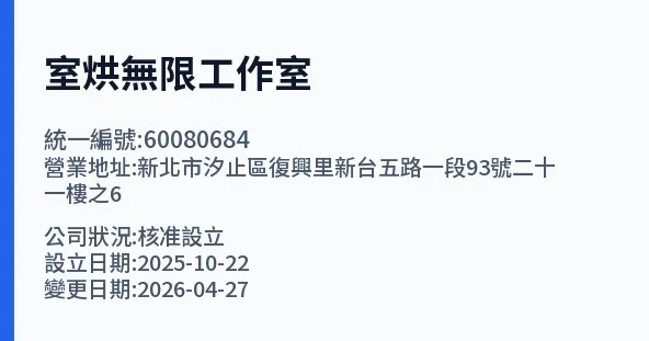 室烘無限工作室的照片-統編 60080684(新北市) 公司登記資料與營業項目詳細圖表