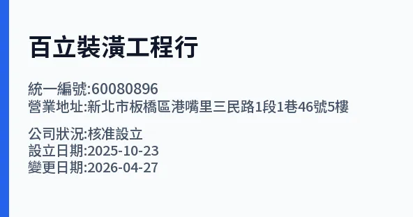 百立裝潢工程行的照片-統編 60080896(新北市) 公司登記資料與營業項目詳細圖表