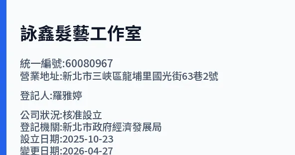 詠鑫髮藝工作室的照片-統編 60080967(新北市) 公司登記資料與營業項目詳細圖表