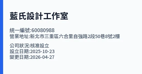 藍氏設計工作室的照片-統編 60080988(新北市) 公司登記資料與營業項目詳細圖表