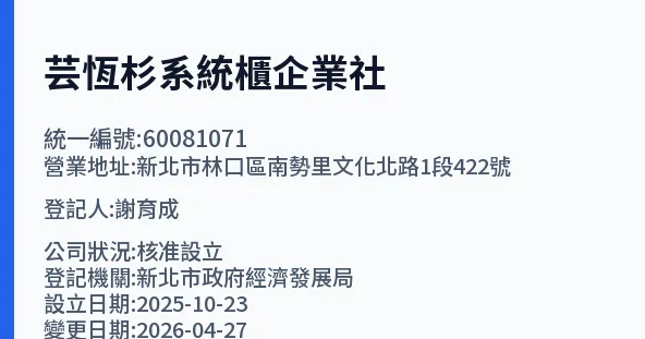 芸恆杉系統櫃企業社的照片-統編 60081071(新北市) 公司登記資料與營業項目詳細圖表