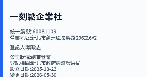 一刻鬆企業社的照片-統編 60081109(新北市) 公司登記資料與營業項目詳細圖表