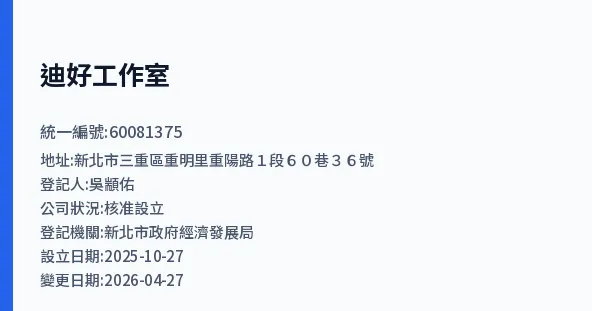 迪好工作室的照片-統編 60081375(新北市) 公司登記資料與營業項目詳細圖表