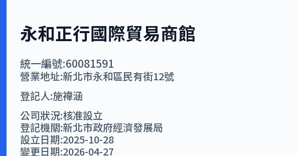 永和正行國際貿易商館的照片-統編 60081591(新北市) 公司登記資料與營業項目詳細圖表