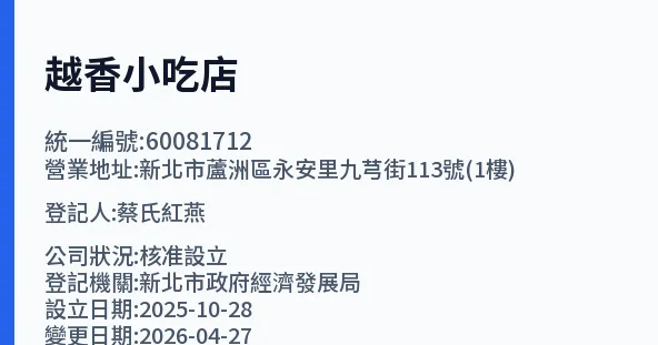 越香小吃店的照片-統編 60081712(新北市) 公司登記資料與營業項目詳細圖表
