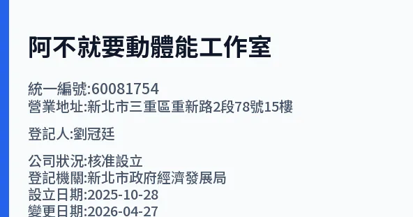 阿不就要動體能工作室的照片-統編 60081754(新北市) 公司登記資料與營業項目詳細圖表