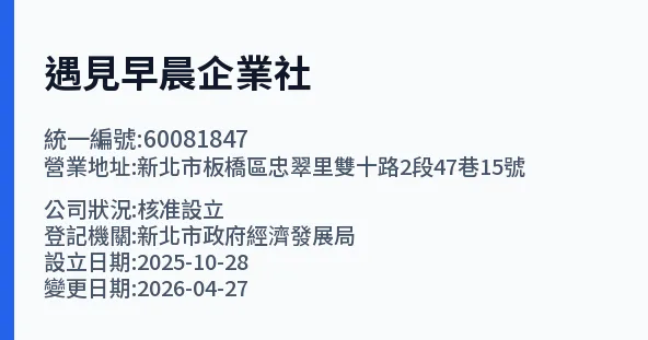 遇見早晨企業社的照片-統編 60081847(新北市) 公司登記資料與營業項目詳細圖表
