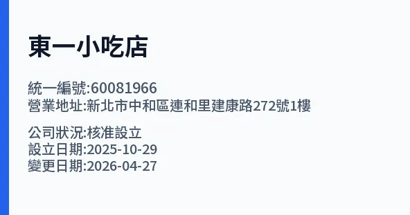 東一小吃店的照片-統編 60081966(新北市) 公司登記資料與營業項目詳細圖表