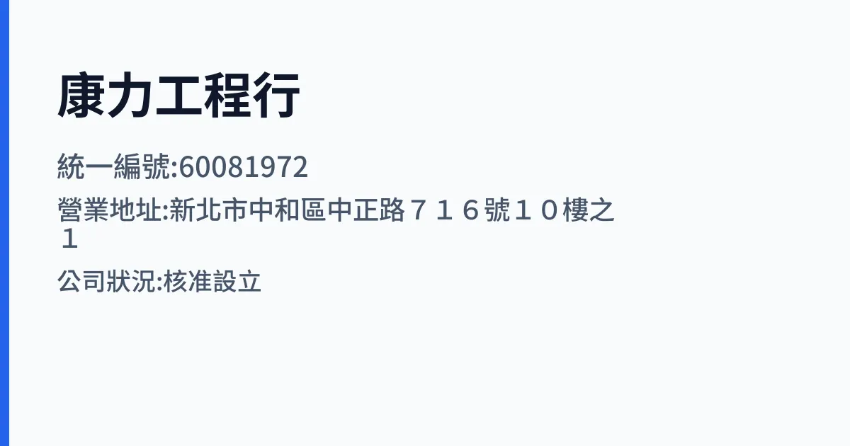 康力工程行 - 統編 60081972(新北市) 公司登記資料與營業項目詳細圖表