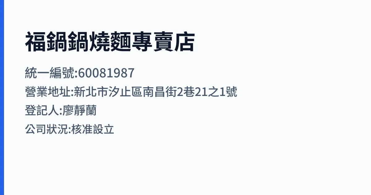 福鍋鍋燒麵專賣店 - 統編 60081987(新北市) 公司登記資料與營業項目詳細圖表